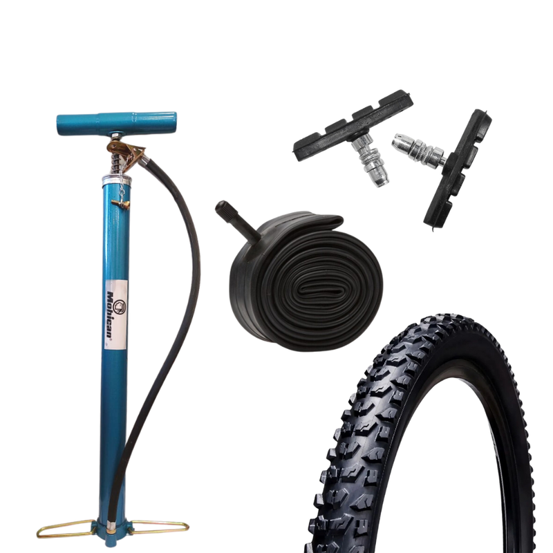 BOMBIN PIE + CÁMARA +NEUMÁTICO + PAR PATIN FRENOS BICI ARO26